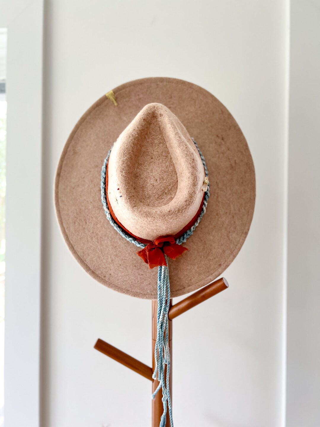 Light Tan Wool Felt Hat Wide Brim Embroidery Crystal Bohemian Festival ...