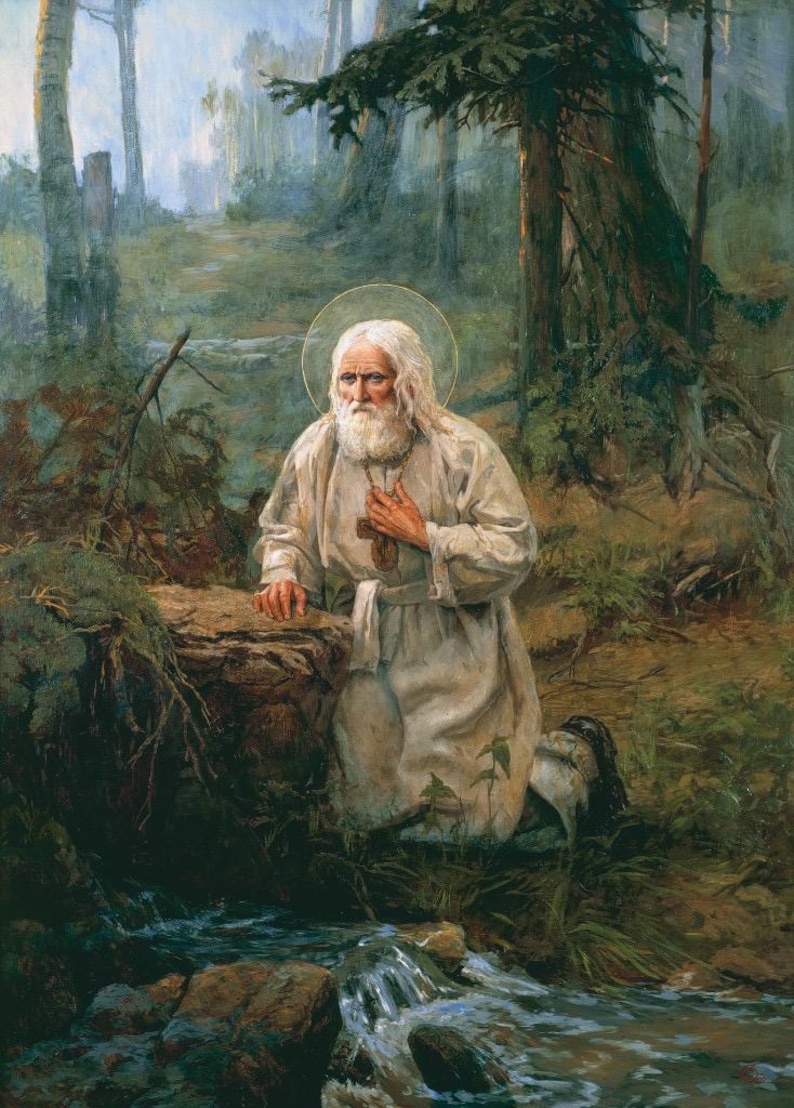 Handmade Mounted Icon | St Seraphim of Sarov Praying on A Rock for 1000 ...