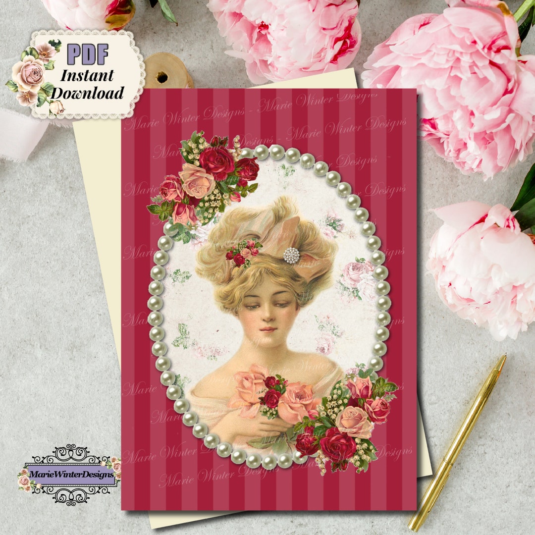 Printable Note Card Edwardian Woman Design Digital Download Greeting ...