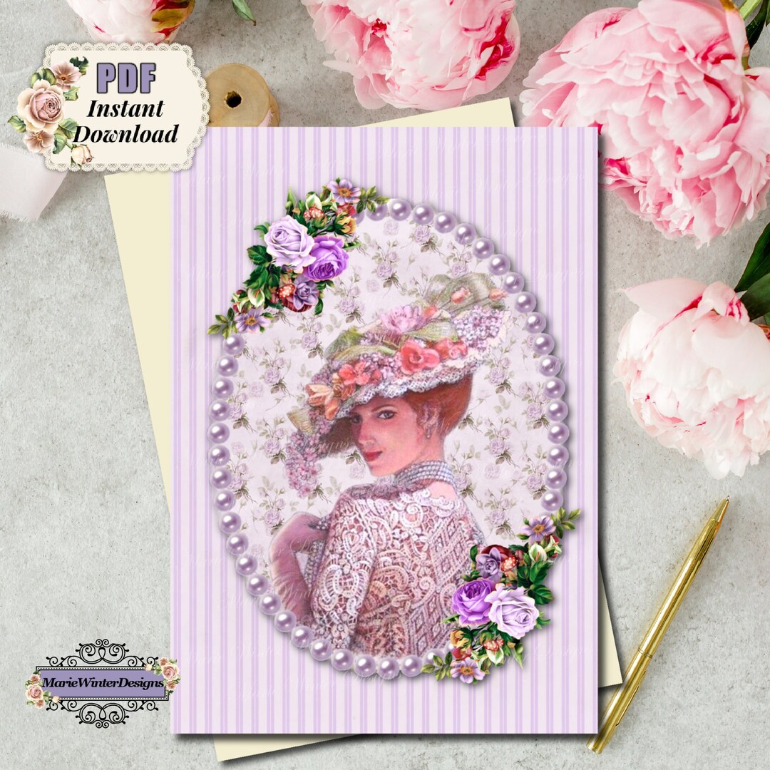 Printable Notecards Edwardian Woman Design Digital Download Greeting ...