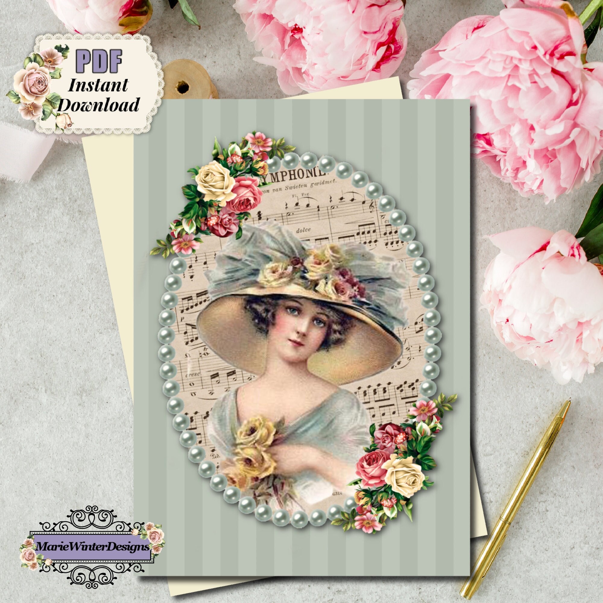 Printable Note Card Edwardian Woman Design Digital Download Greeting ...