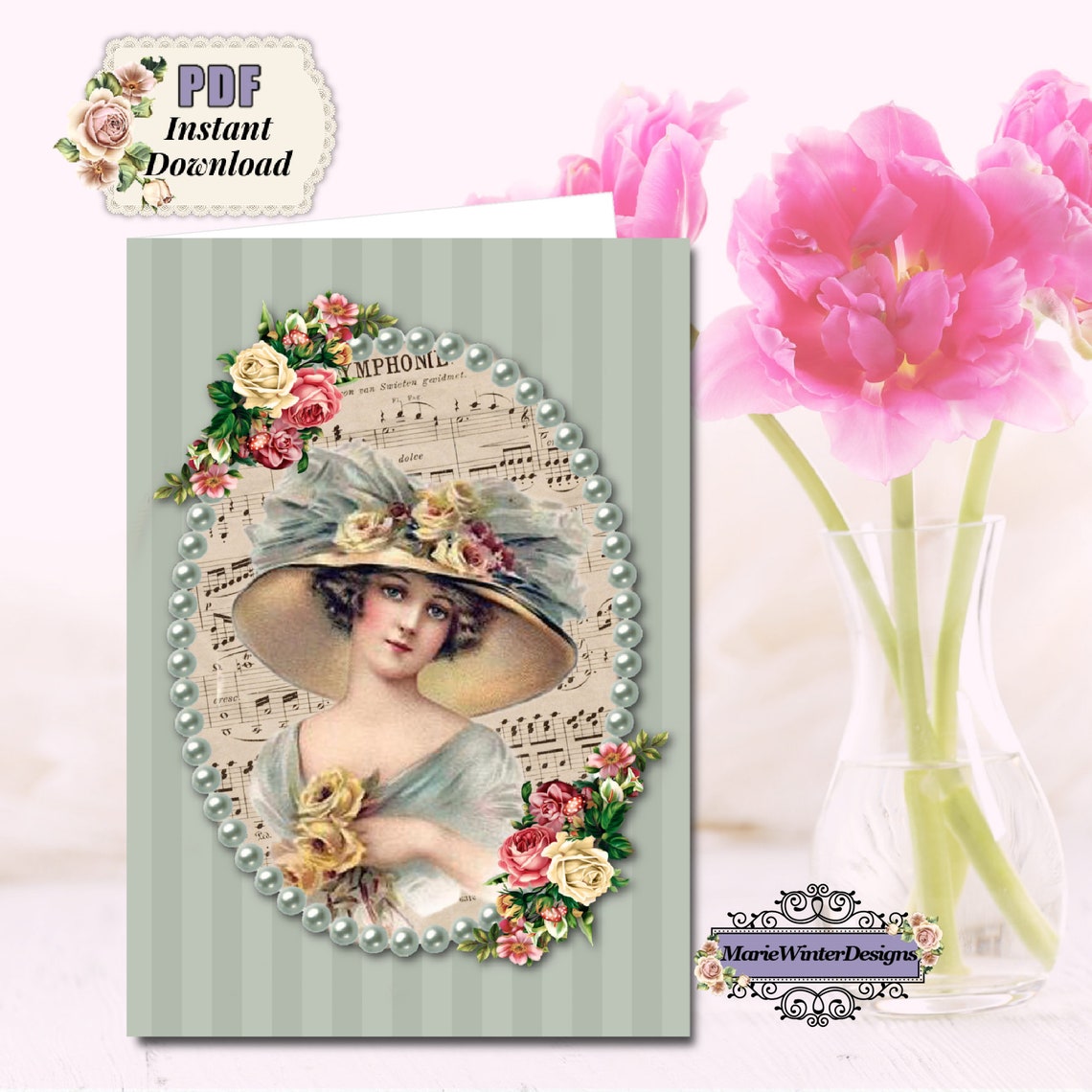 Printable Note Card Edwardian Woman Design Digital Download Greeting ...