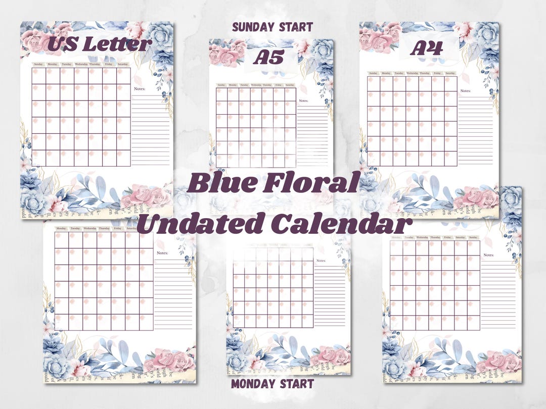 Blue Floral Undated Monthly Calendar Printable | US Letter, A4, and A5 ...