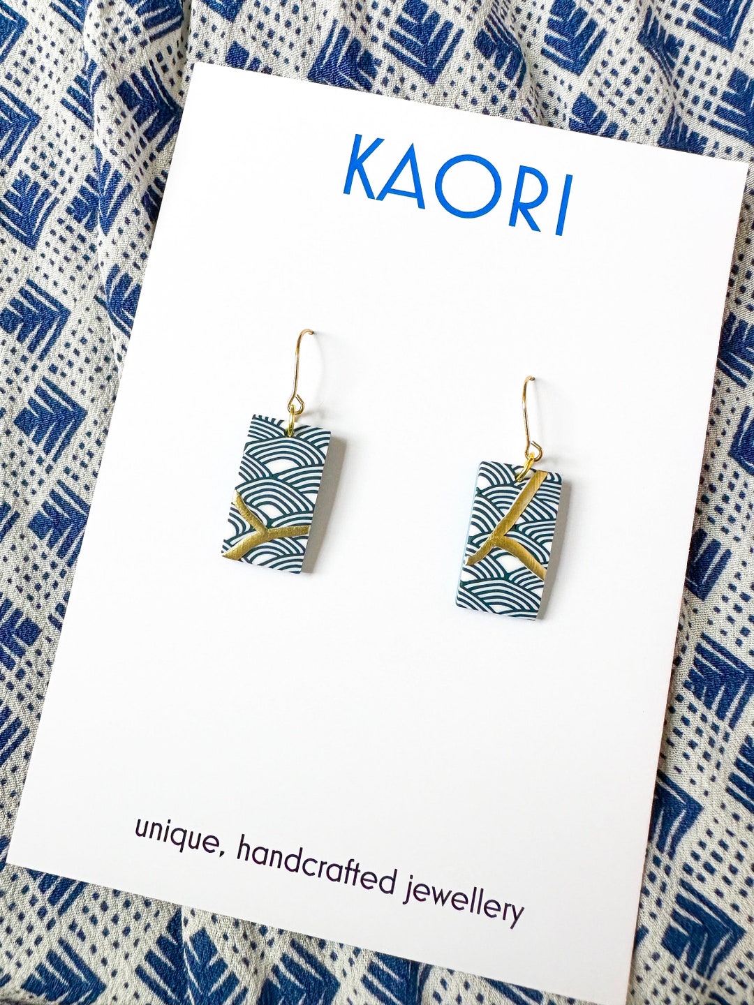 Polymer Clay Indigo Kintsugi Wave Earrings, Small Rectangle Earrings - Etsy