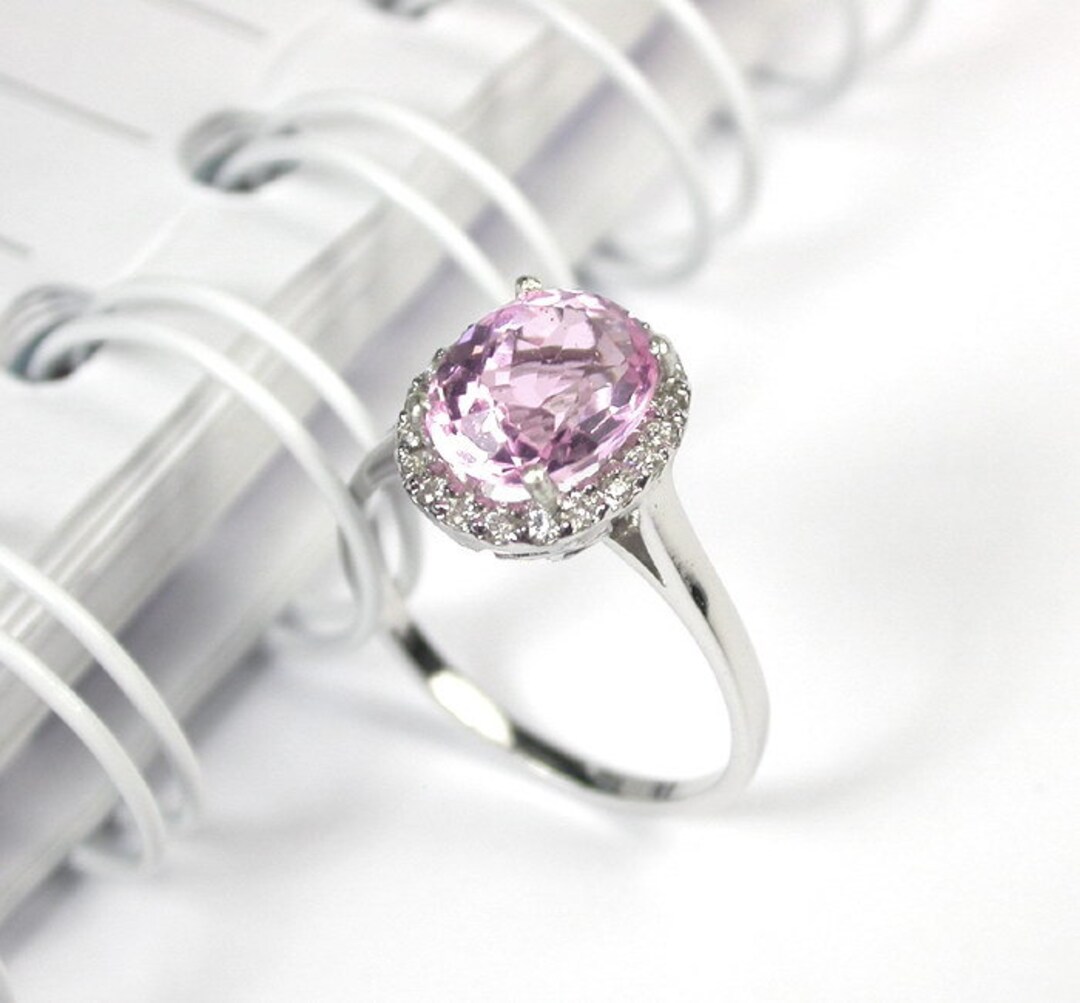 Natural Kunzite Ring: Sterling Silver, Sapphire Halo, Size 7 Free ...