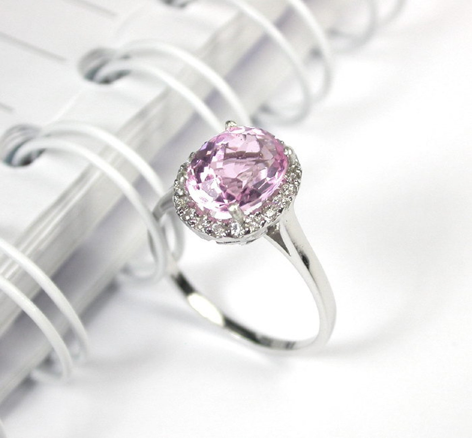 Natural Kunzite Ring: Sterling Silver, Sapphire Halo, Size 7 Free ...