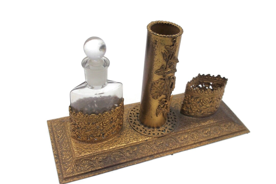MWC Co Gold Metal Perfume Holder Caddy, Ornate Floral Filigree MW Carr ...