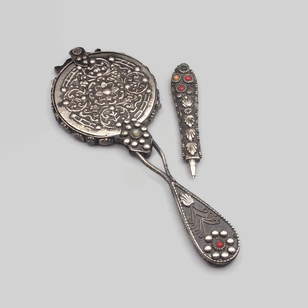 Pewter Hand Mirror and Ink Pen Set, Jeweled Ornate Etched Silver ...