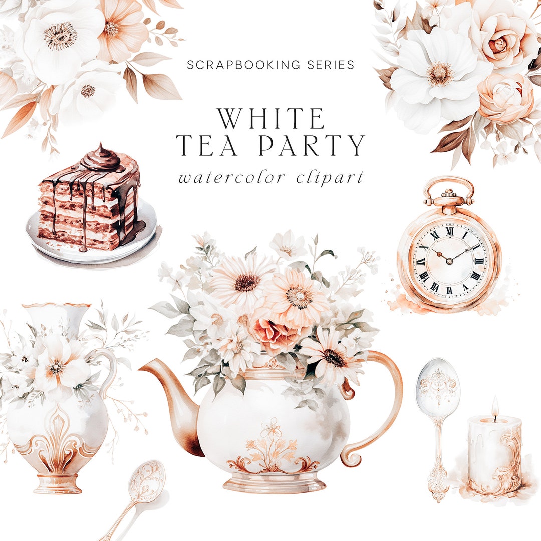 Watercolor White Tea Party Clipart - Tea Time Clipart -watercolor ...