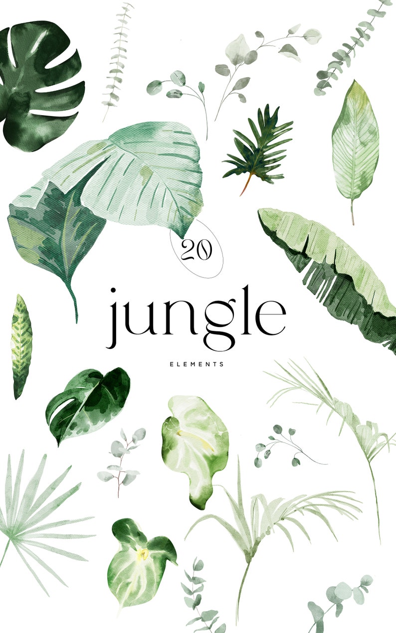 Watercolor Greenery Clipart - Tropical Greenery - Jungle Leaves ...