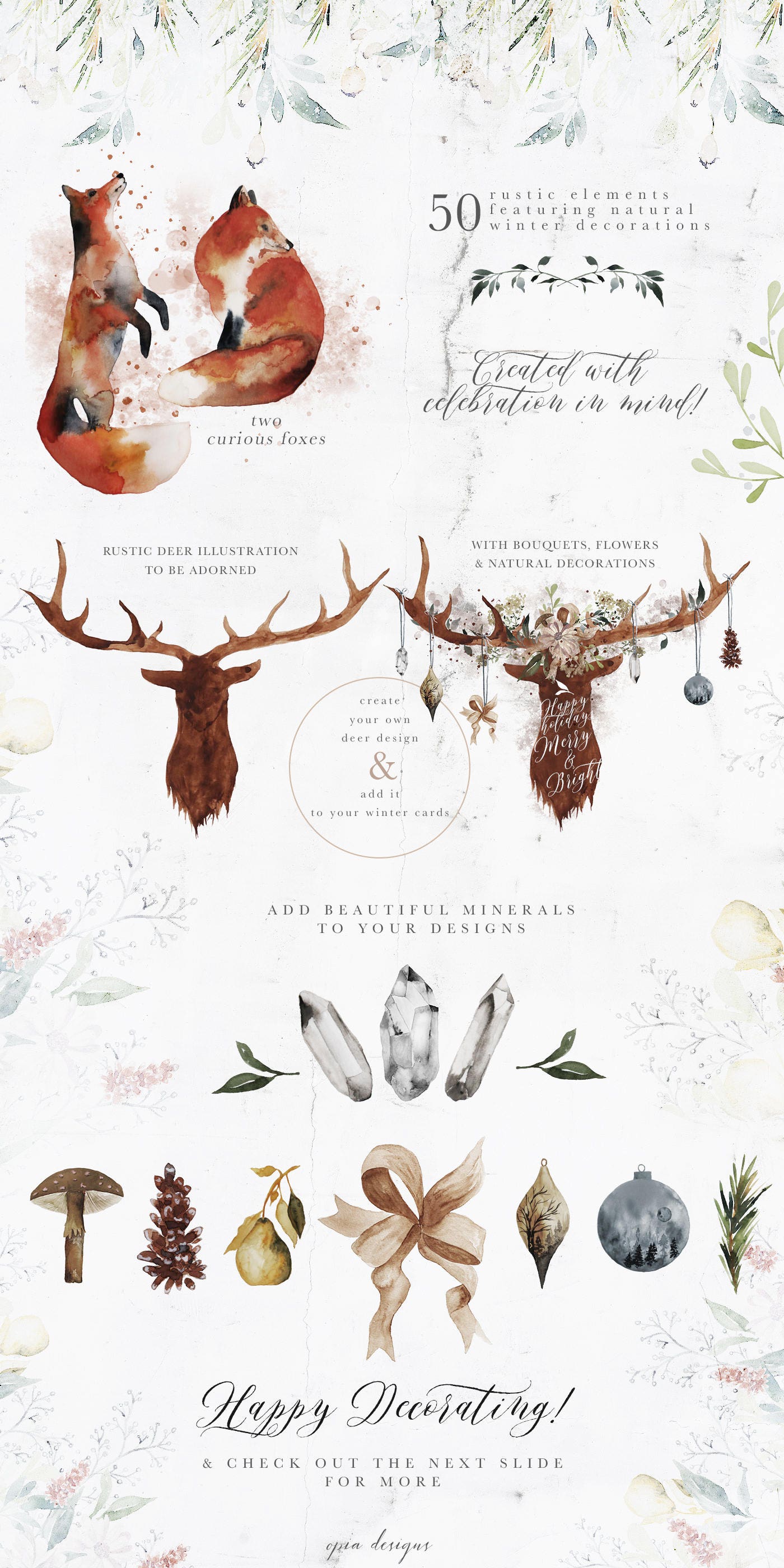 Watercolor Winter Clipart - Watercolor Christmas Clipart - Natural Christmas Decoration - Fox ...