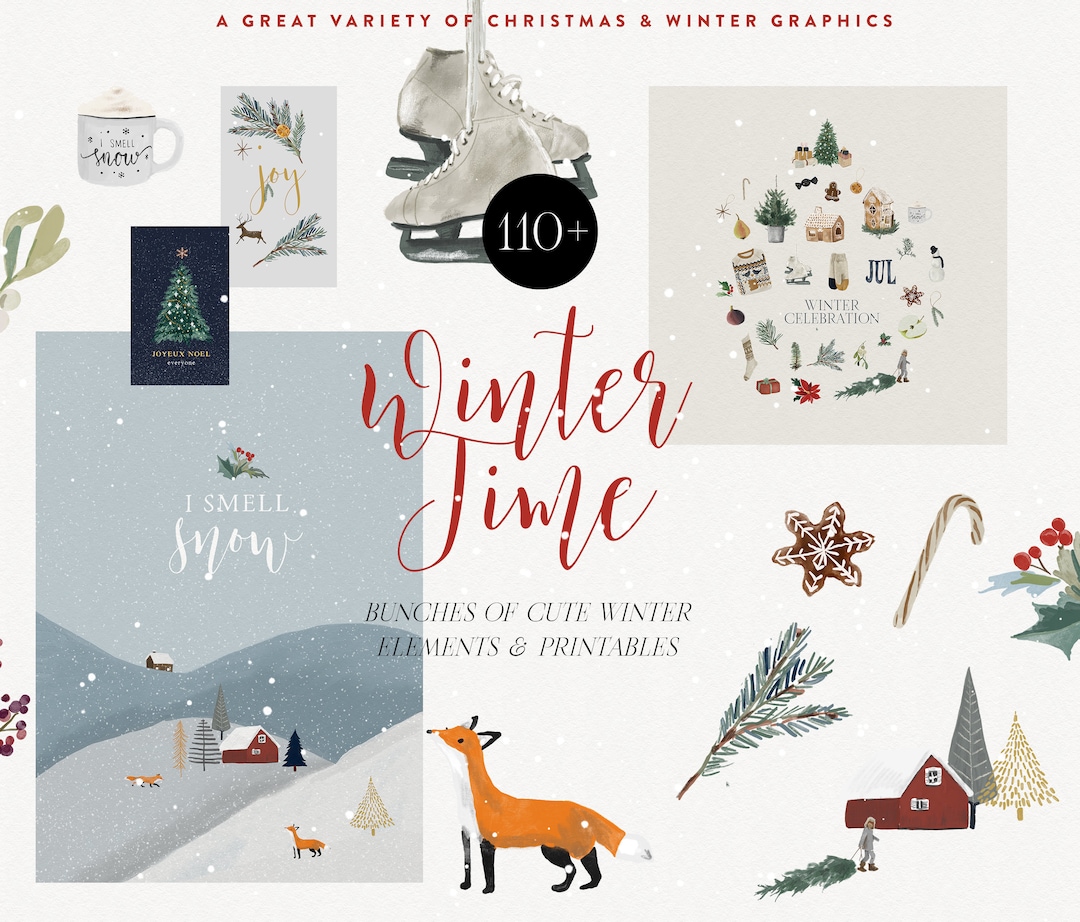 Winter Christmas Clipart - Hand Painted Winter Clipart - Winter Cards ...