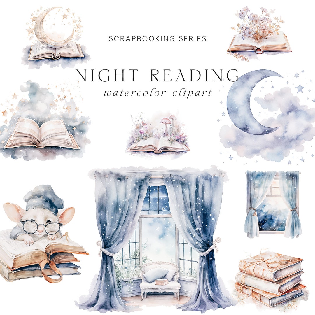Watercolor Night Reading Clipart - Scrapbooking Series - Watercolor ...