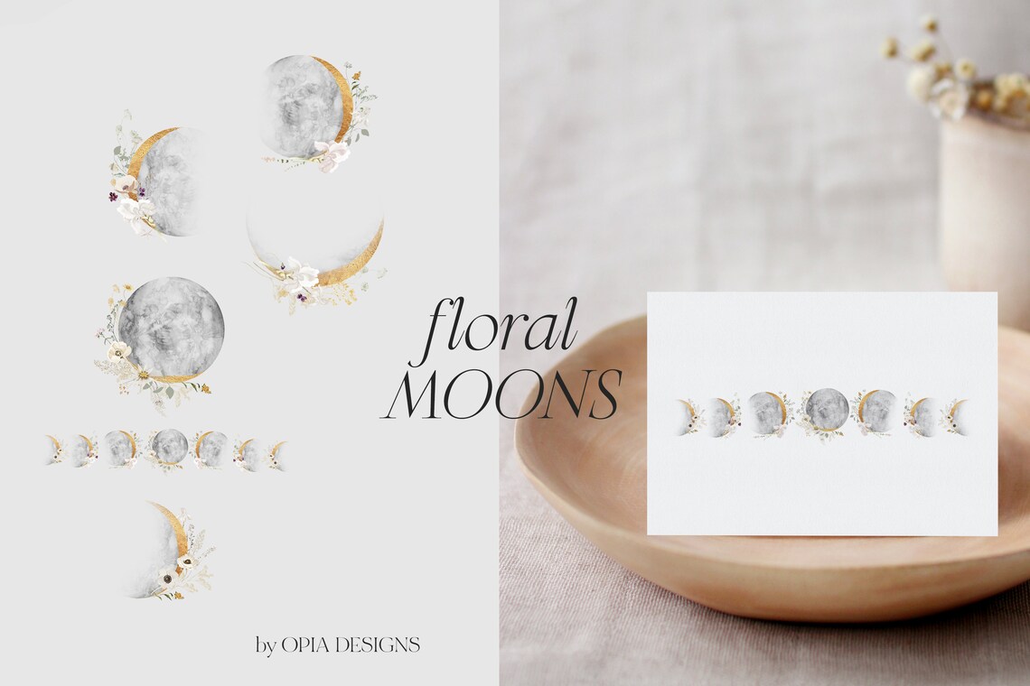Floral Moons Clipart, Floral Moons Bundle, Moons Clipart,moon Phases ...