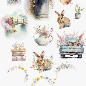 Watercolor Spring Clipart - Easter Bunny Clipart - Watercolor Floral ...