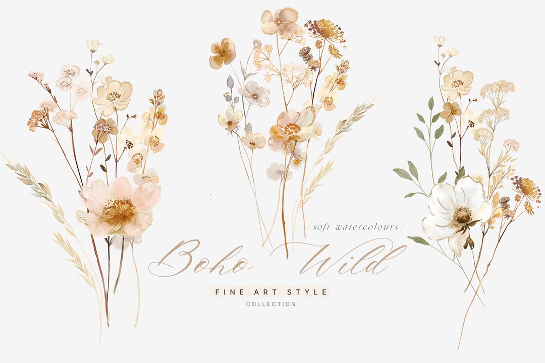 Boho Watercolor Floral Clipart - Bohemian Floral Clipart - Floral ...