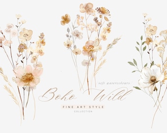 Bohemian Floral Clipart Floral Watercolor Clipart Fall Flowers Wedding ...
