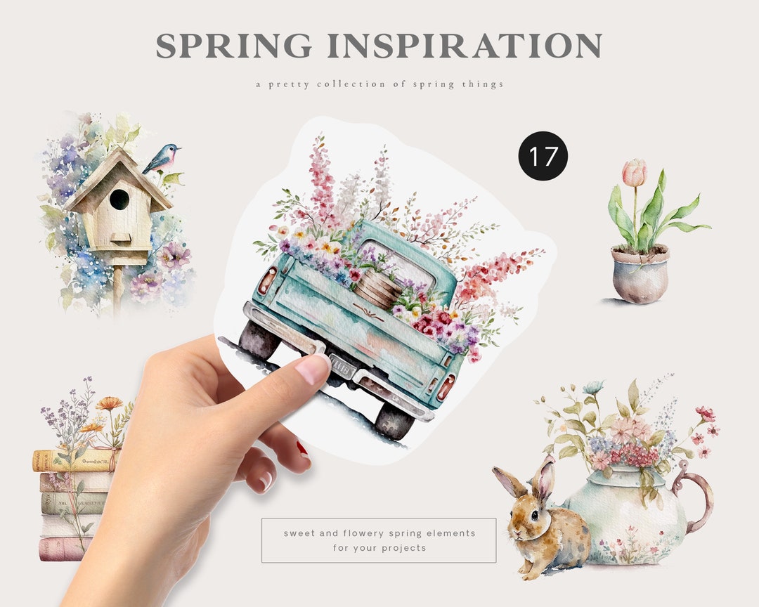 Watercolor Spring Clipart - Easter Bunny Clipart - Watercolor Floral ...