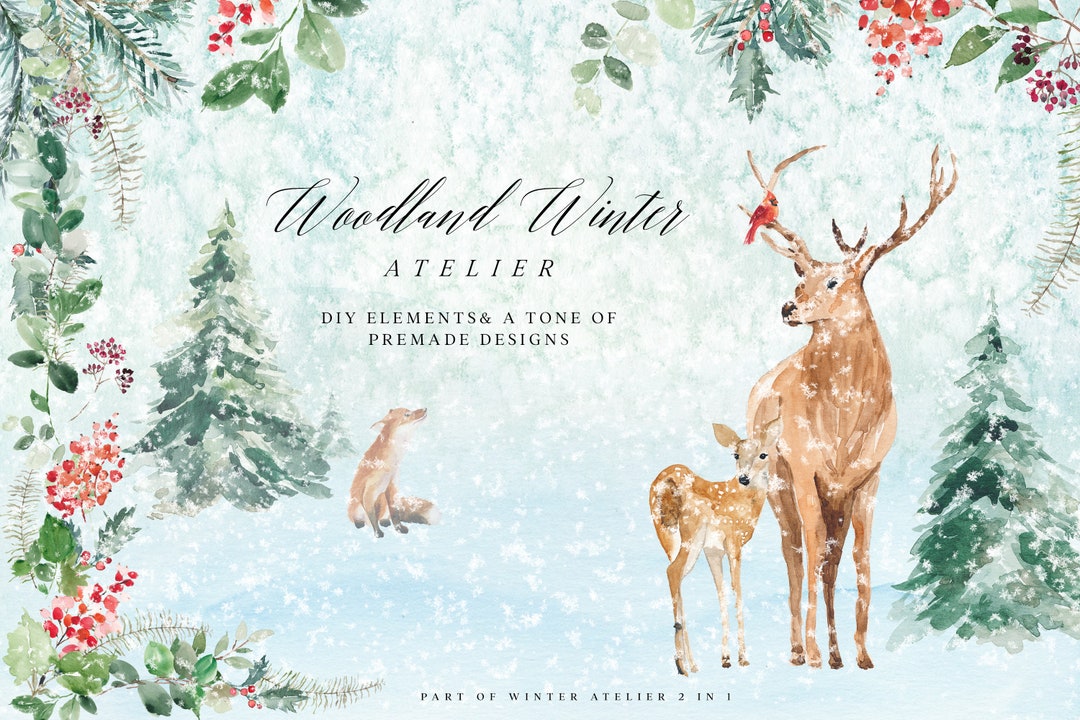 Woodland Winter Watercolor Clipart - Christmas Clipart - Winter Clipart ...
