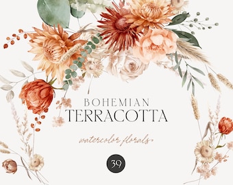 Autumn Watercolor Clipart Fall Floral Clipart Bohemian Flower Clipart ...