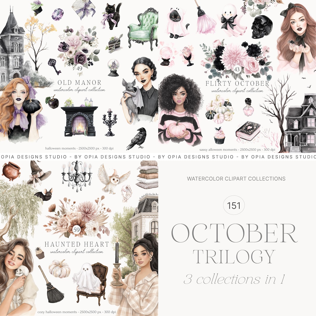 Watercolor October Haunting Clipart, Black and Pink Halloween Bundle ...