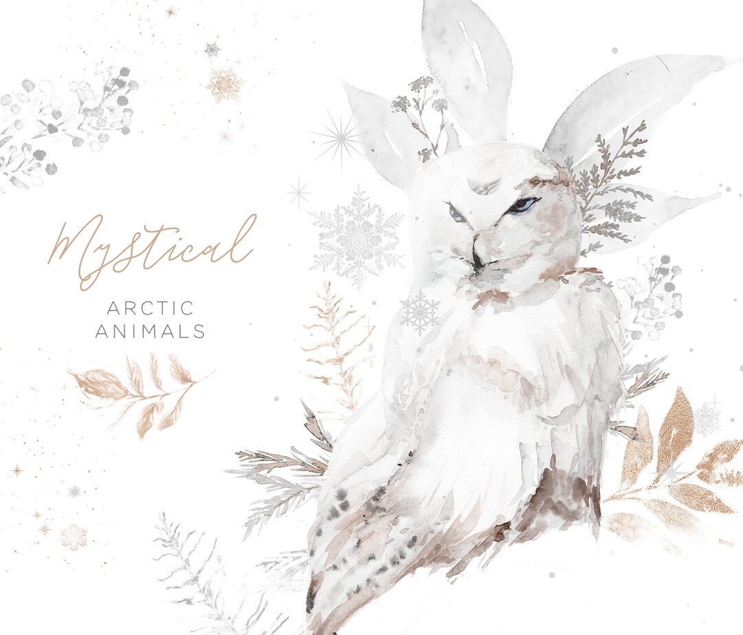 Watercolor Winter Arctic Animals - Snow Owl - Arctic Fox - Arctic Hare ...