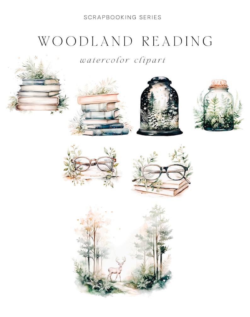 Watercolor Woodland Reading Clipart - Scrapbooking Series - Watercolor ...