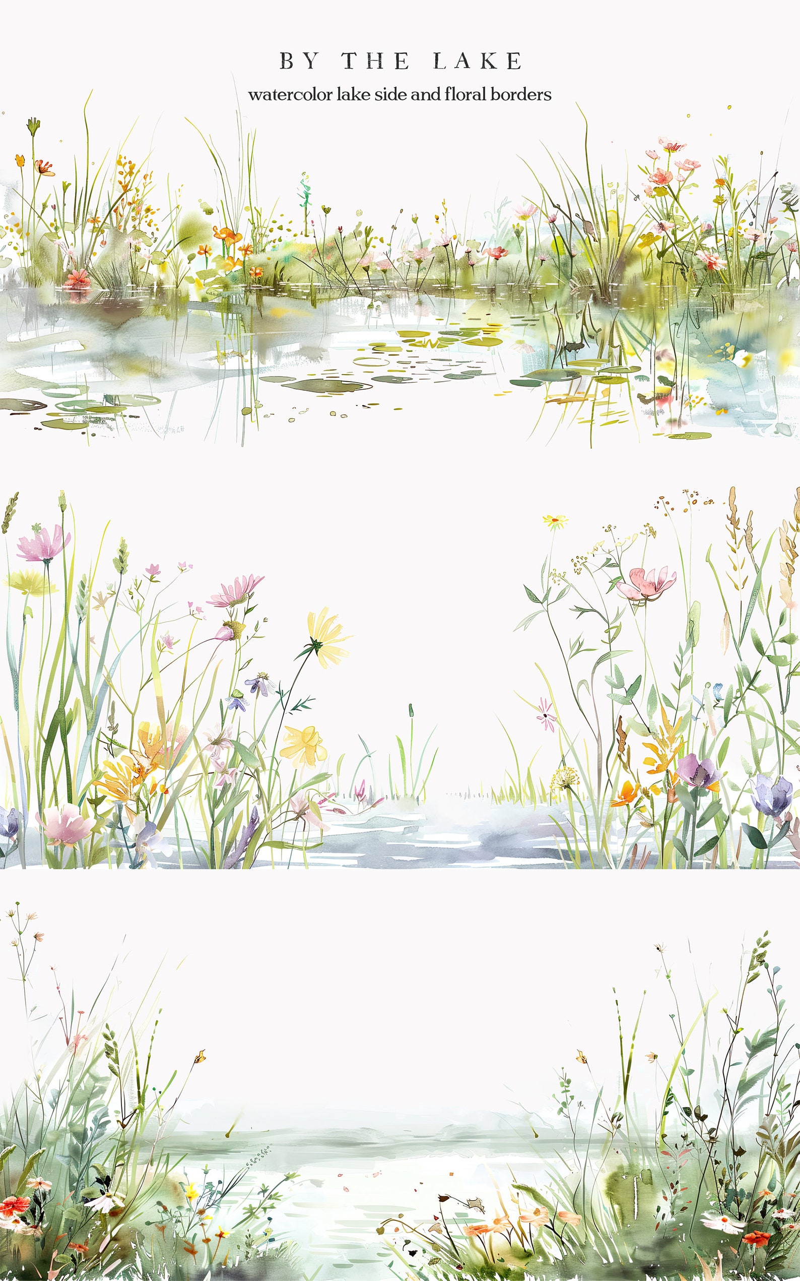 Watercolor Lake and Wild Flowers Borders - Wild Floral Borders ...