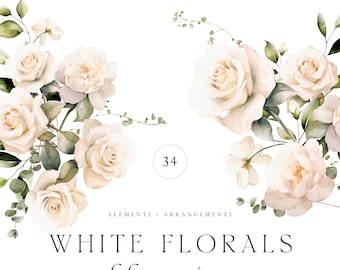 White Rustic Flower Clipart Bundle Watercolor Clipart Wedding Clipart ...