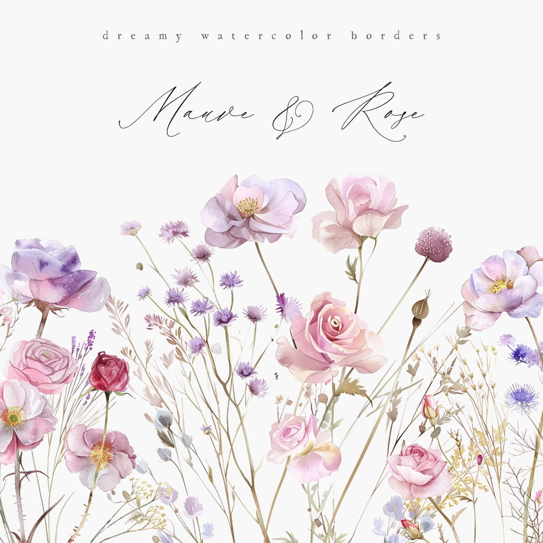 Watercolor Dusty Mauve and Rose Floral Borders - Wild Roses Borders ...