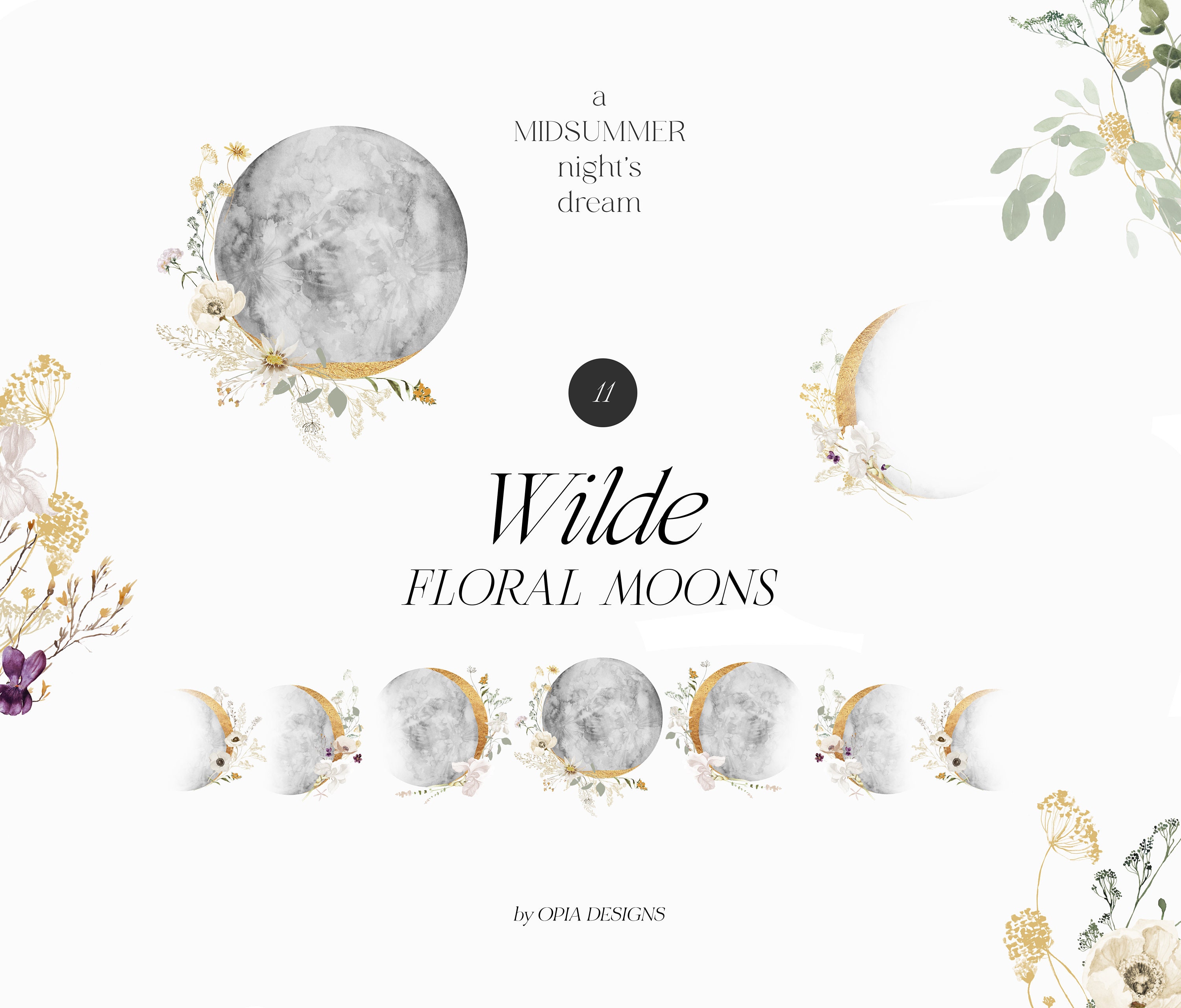 Floral Moons Clipart, Floral Moons Bundle, Moons Clipart,moon Phases ...