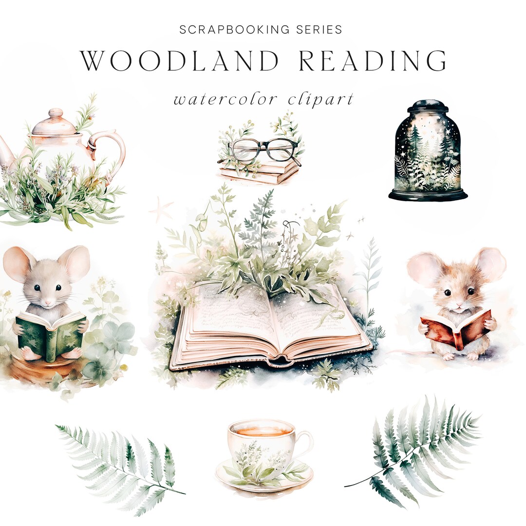 Watercolor Woodland Reading Clipart - Scrapbooking Series - Watercolor ...
