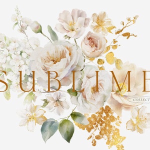 White and Gold Floral Clipart - Floral Watercolor Clipart - Watercolor ...