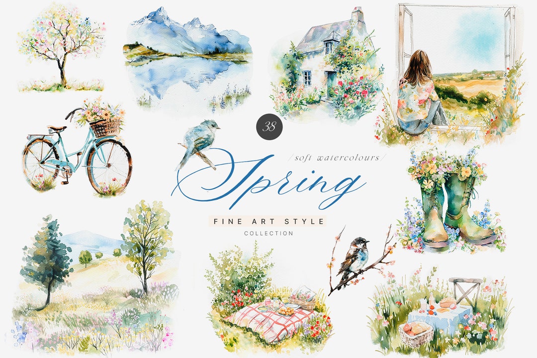 Watercolor Spring Clipart _ Spring Scenaries - Spring Art - Fine Art ...