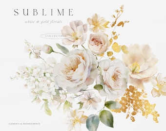 White and Gold Floral Clipart Floral Watercolor Clipart Wedding PNG ...