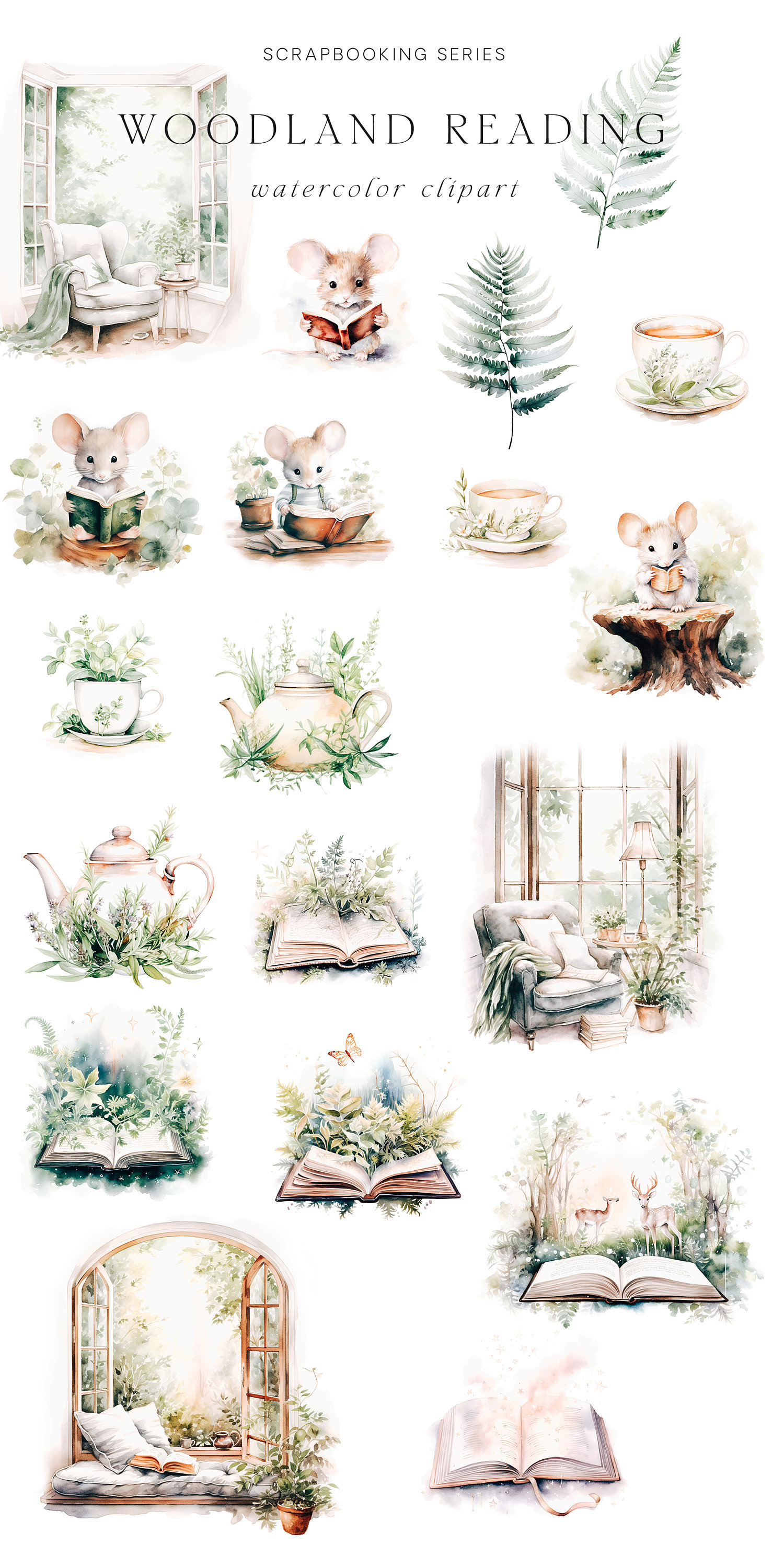 Watercolor Woodland Reading Clipart - Scrapbooking Series - Watercolor ...