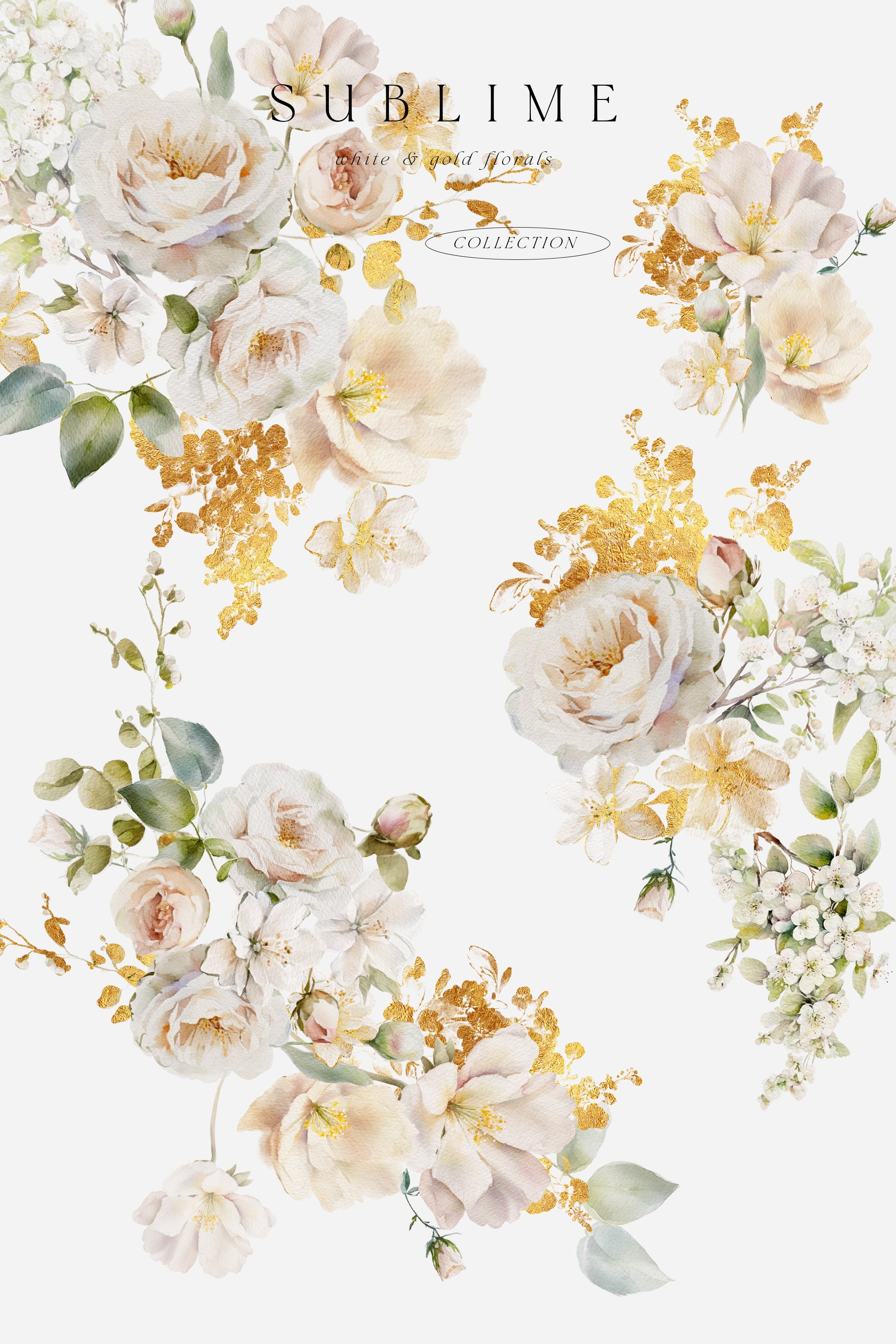 White and Gold Floral Clipart - Floral Watercolor Clipart - Watercolor ...