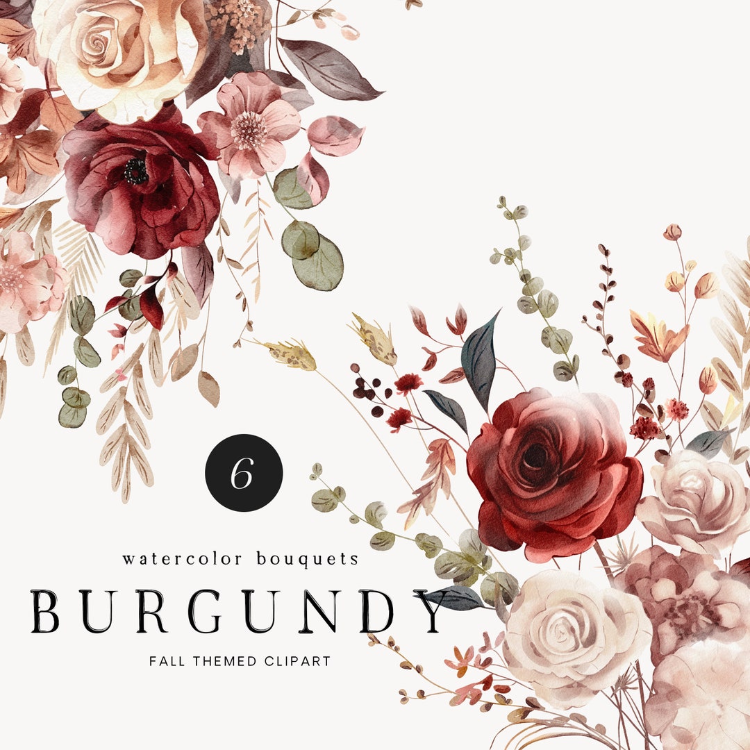 Burgundy Floral Watercolor Clipart - Watercolor Clipart - Autumn ...