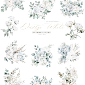 Dusty White Floral Watercolor Clipart - Floral Clipart - Roses Clipart ...