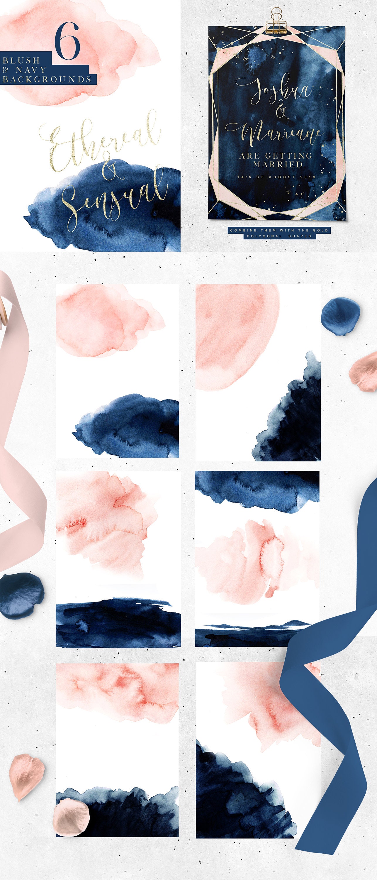 Navy and Blush Watercolor Blush Watercolor Washes Navy | Etsy