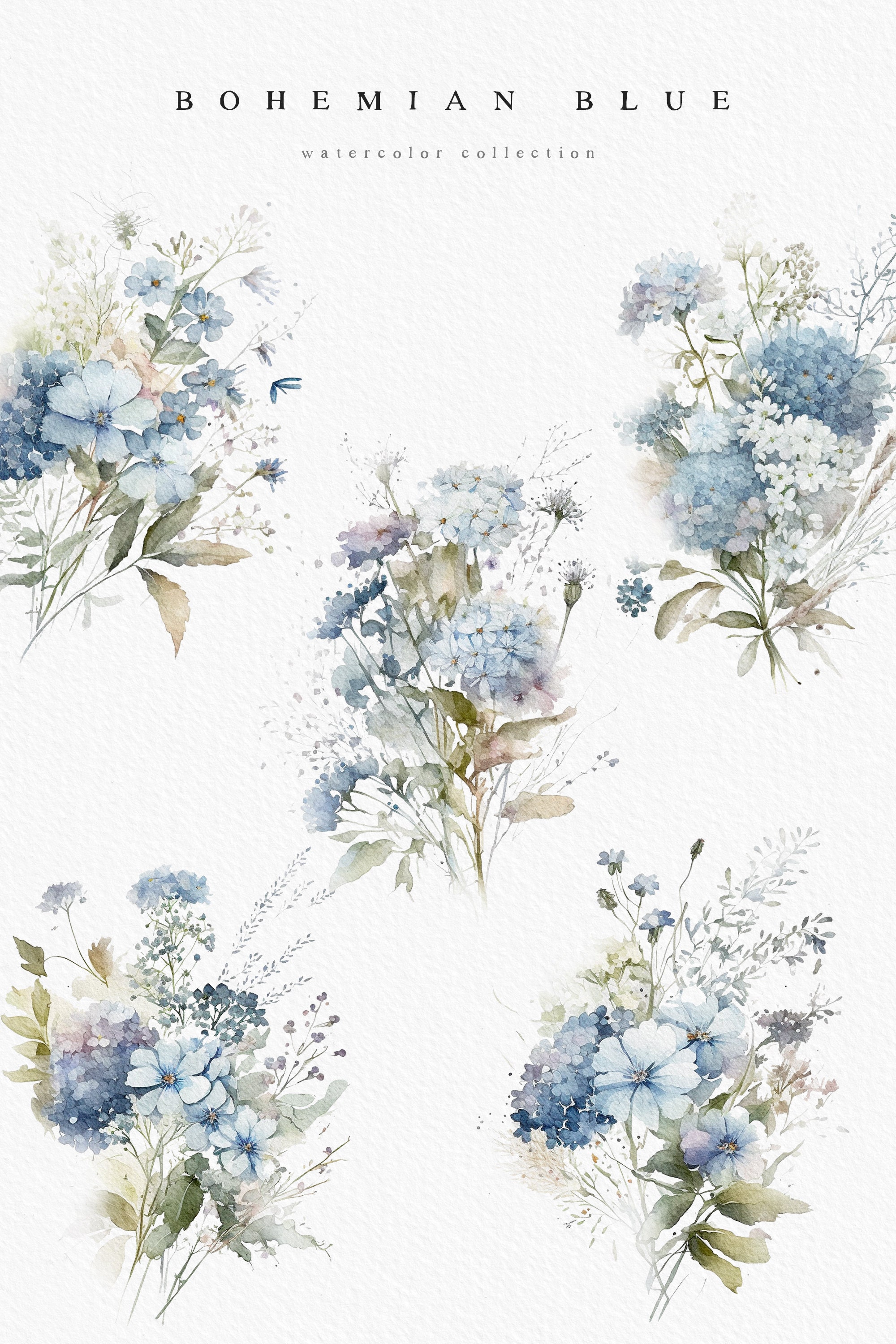 Bohemian Blue Watercolor Clipart Set Wild Flowers Clipart - Etsy UK