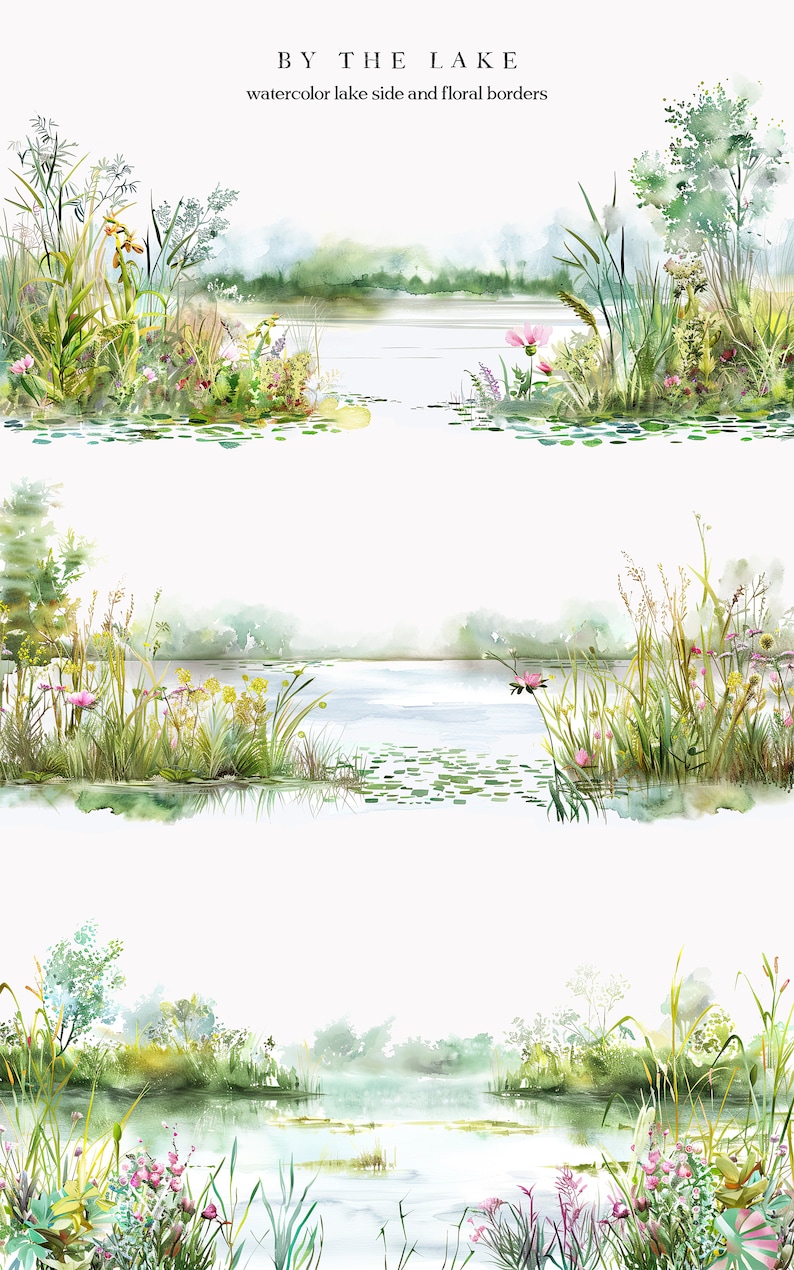 Watercolor Lake and Wild Flowers Borders - Wild Floral Borders ...