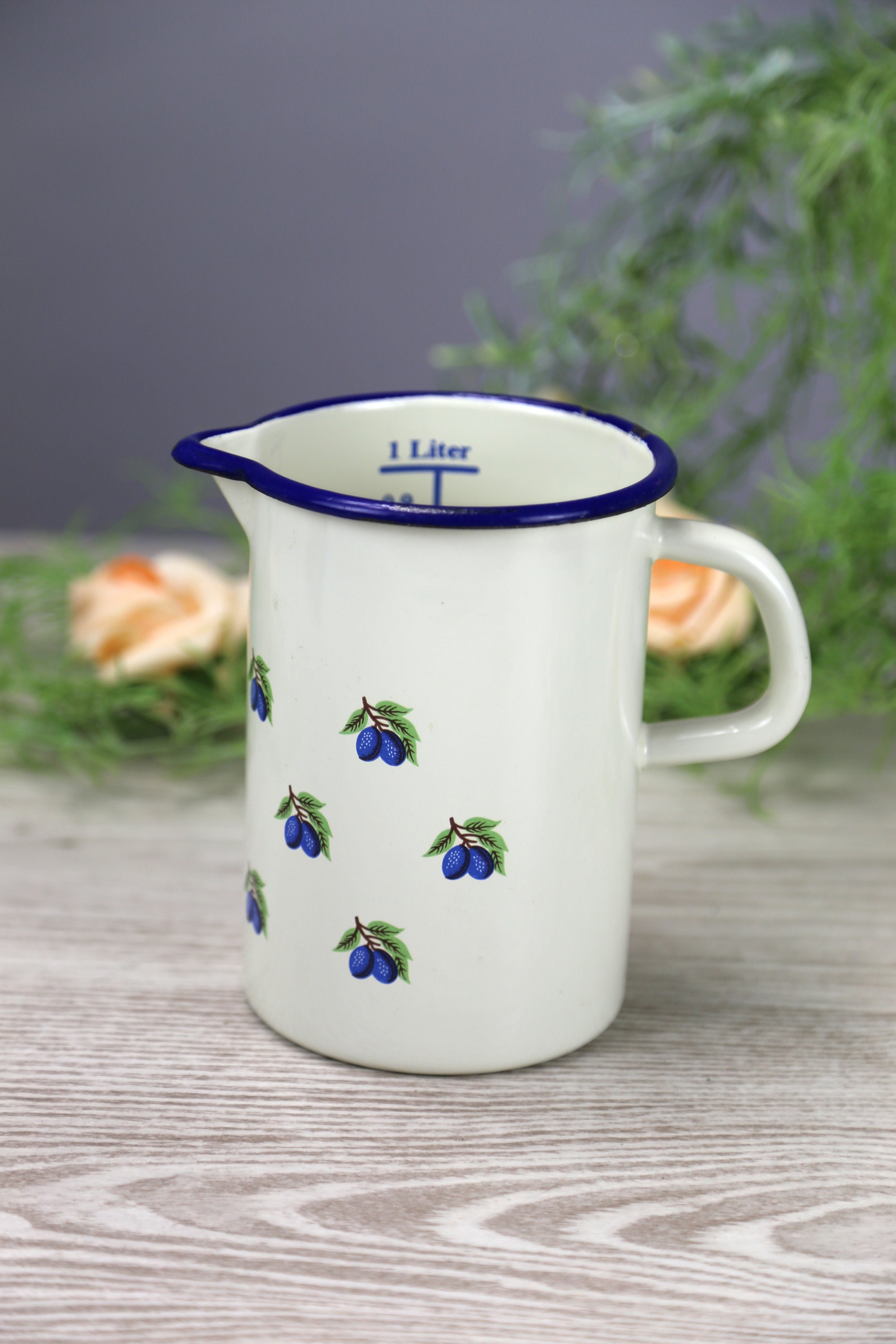 Vintage Enamel Measuring Pot With Plums, Vintage Enamelware Pourer ...