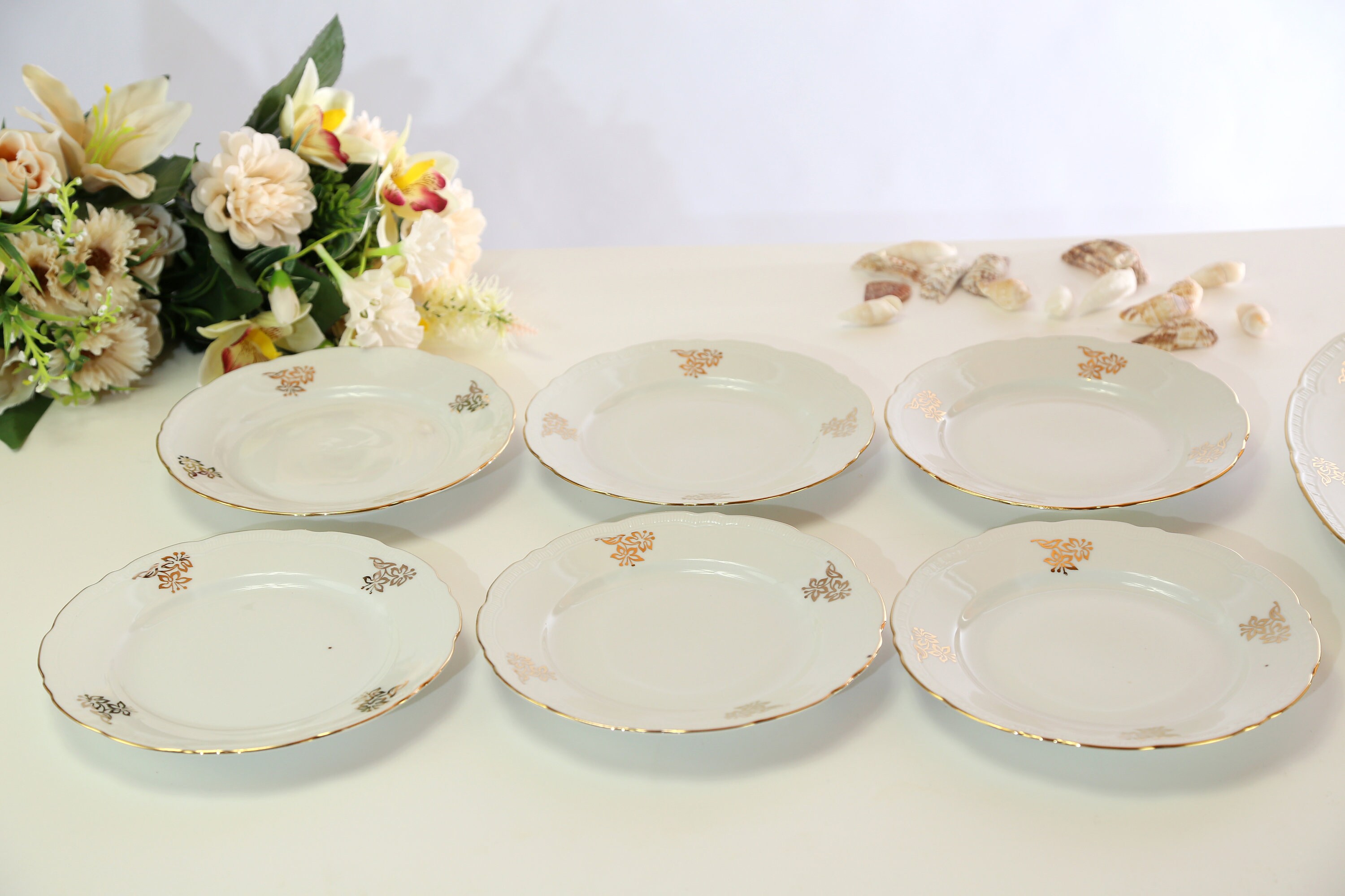 24 Karat Gold, 7 Piece Vintage Porcelain Cake Plate Set With 24 Karat ...