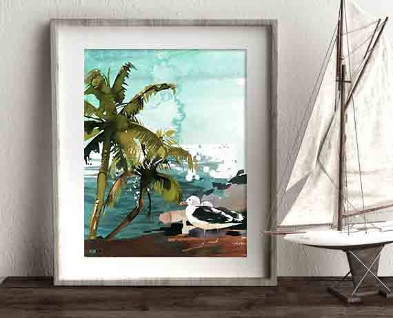Sea Ocean Seagull Palm Trees Print Art Nautical Printable | Etsy