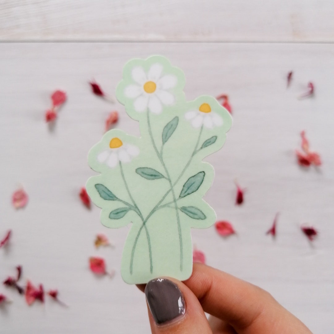 Daisy Sticker Floral Decal Three Daises Sticker Green Floral Sticker ...