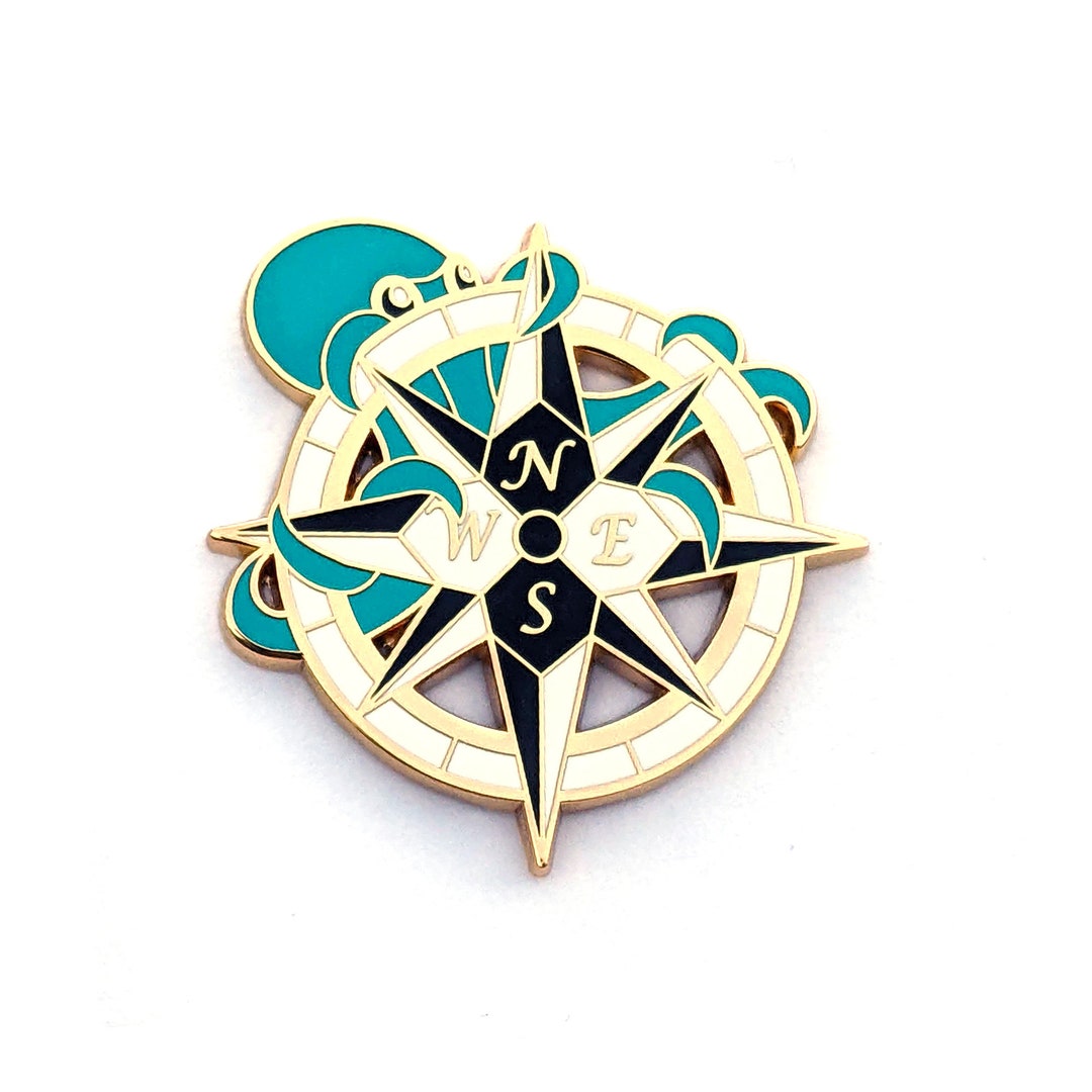 Teal Octopus on Compass Rose Pin - Travel Charm Pin - Hard Enamel Pin ...