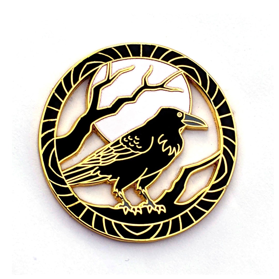 Encircled Raven Pin Gold - Crow Pin - Black Bird Pin - Hard Enamel Pin ...