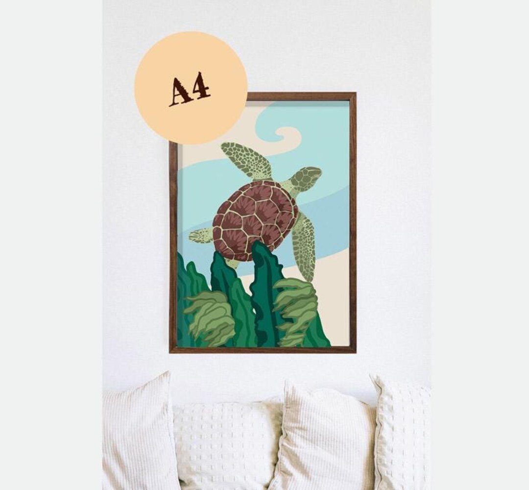 Art Print tidal Turtle A4 Hand Drawn Illustration Swimming Turtle ...