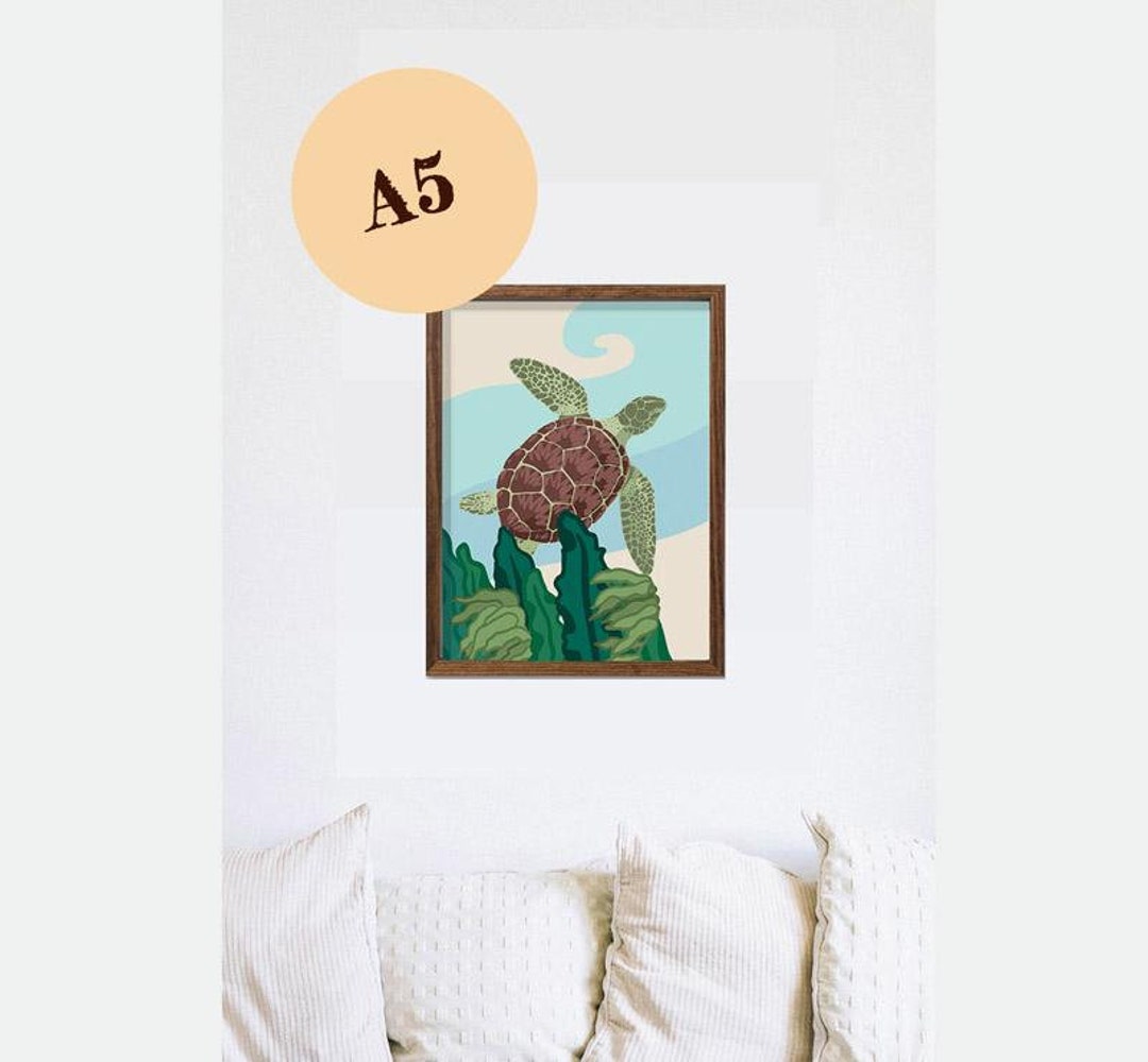 Art Print tidal Turtle A5 Hand Drawn Illustration Turtle Swimming in ...